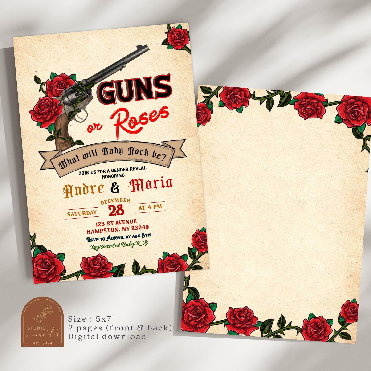 Vintage Guns or Roses Gender Reveal Invitation, Baby Rockstar Twins ...