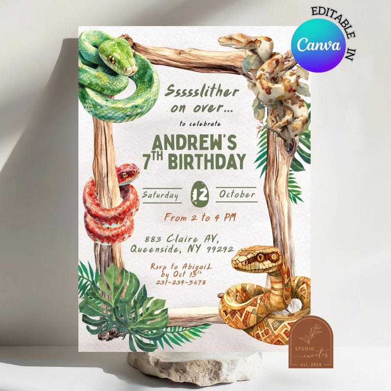 Reptiles Snakes Birthday Invitation, Slither on Over Boy Birthday ...
