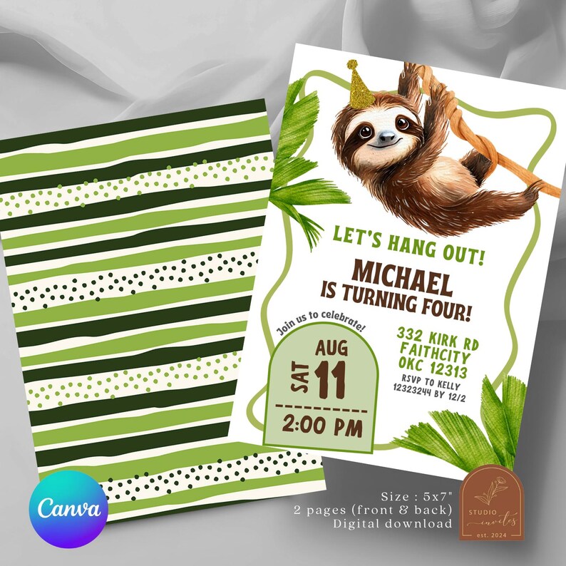 Tropical Sloth Birthday Invitation, Jungle Animal Let's Hang Out Boy ...