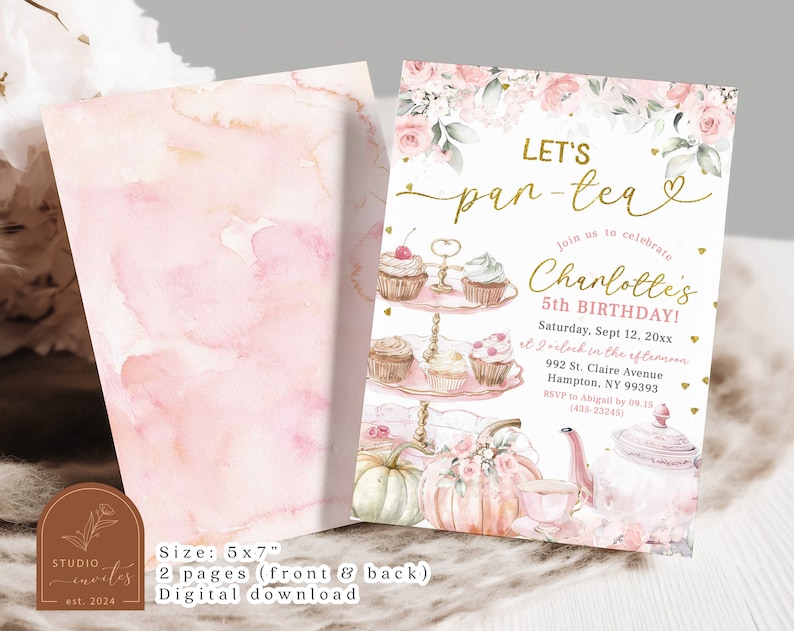 Fall Let’s Par-tea Party Girl Birthday Invitation, Pink Pumpkin Floral ...
