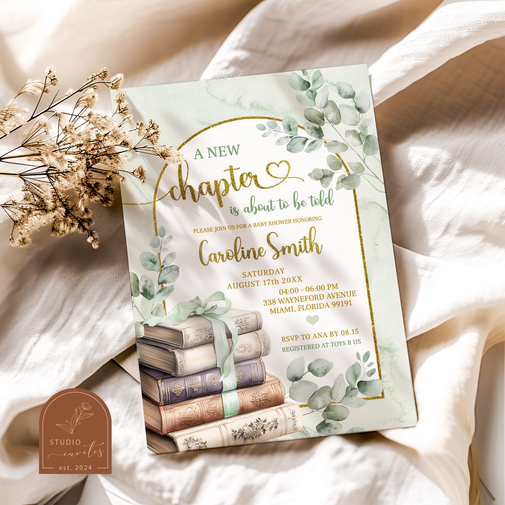 Editable Greenery Storybook Themed Baby Shower Invitation, New Chapter ...