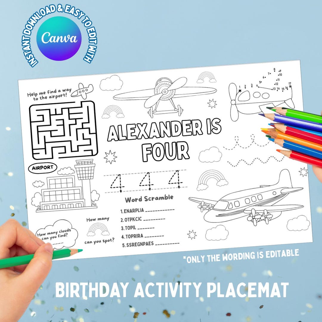 Airplane Birthday Placemat Activity, Flight Take off Kids Party ...
