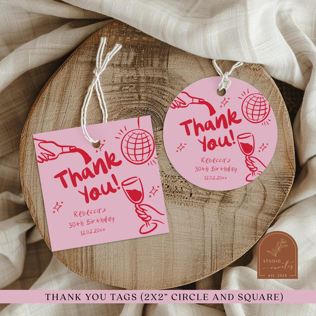Red Retro Disco Ball Thank You Tags, Vintage Cheers Gift Tags Decor ...
