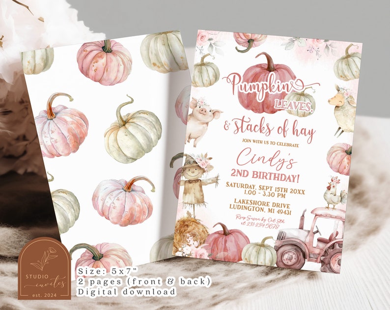 Blush Pink Fall Farm Birthday Invitation, Boho Pumpkin Leaves and ...