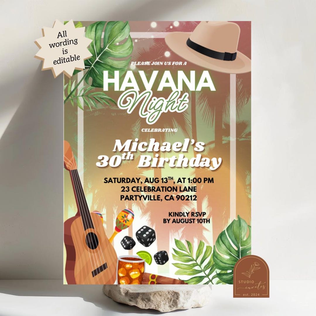 Cuba Havana Night Man Birthday Invitation, Summer Havana Night ...