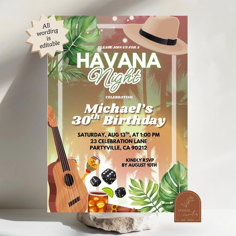 Cuba Havana Night Man Birthday Invitation, Summer Havana Night ...