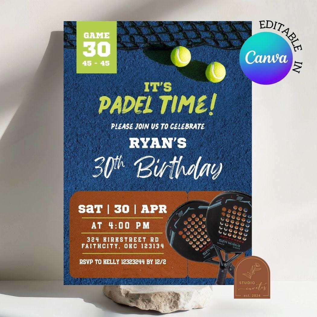 Padel Time Birthday Invitation, Sports Theme Birthday Invitation ...
