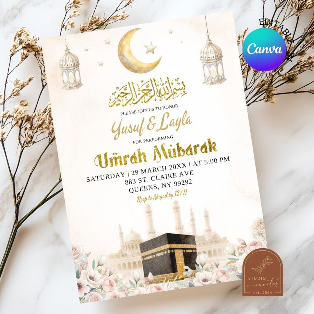 Boho Beige Floral Umrah Mubarak Invitation, Islamic Hajj Eid Mubarak ...