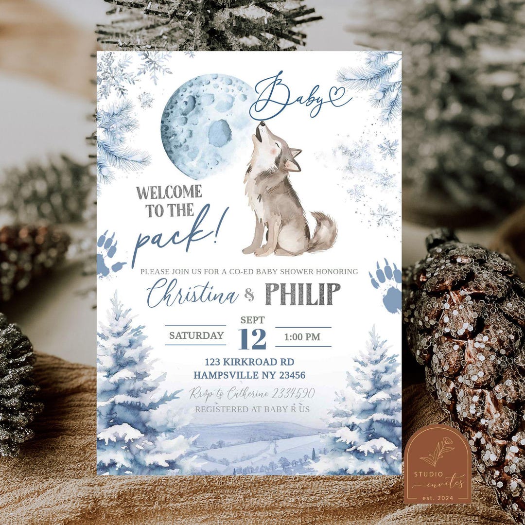 Winter Forest Wolf Co-ed Baby Shower Invitation, Woodland Animals Wolf ...