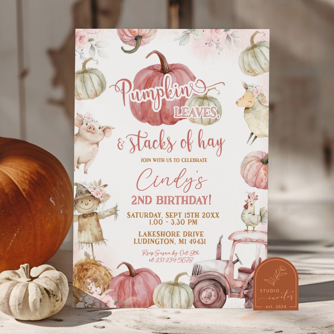 Blush Pink Fall Farm Birthday Invitation, Boho Pumpkin Leaves and ...