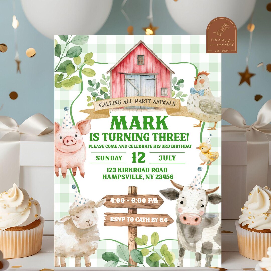 Preppy Sage Barnyard Animal Birthday Invitation, Greenery Farm Cow ...