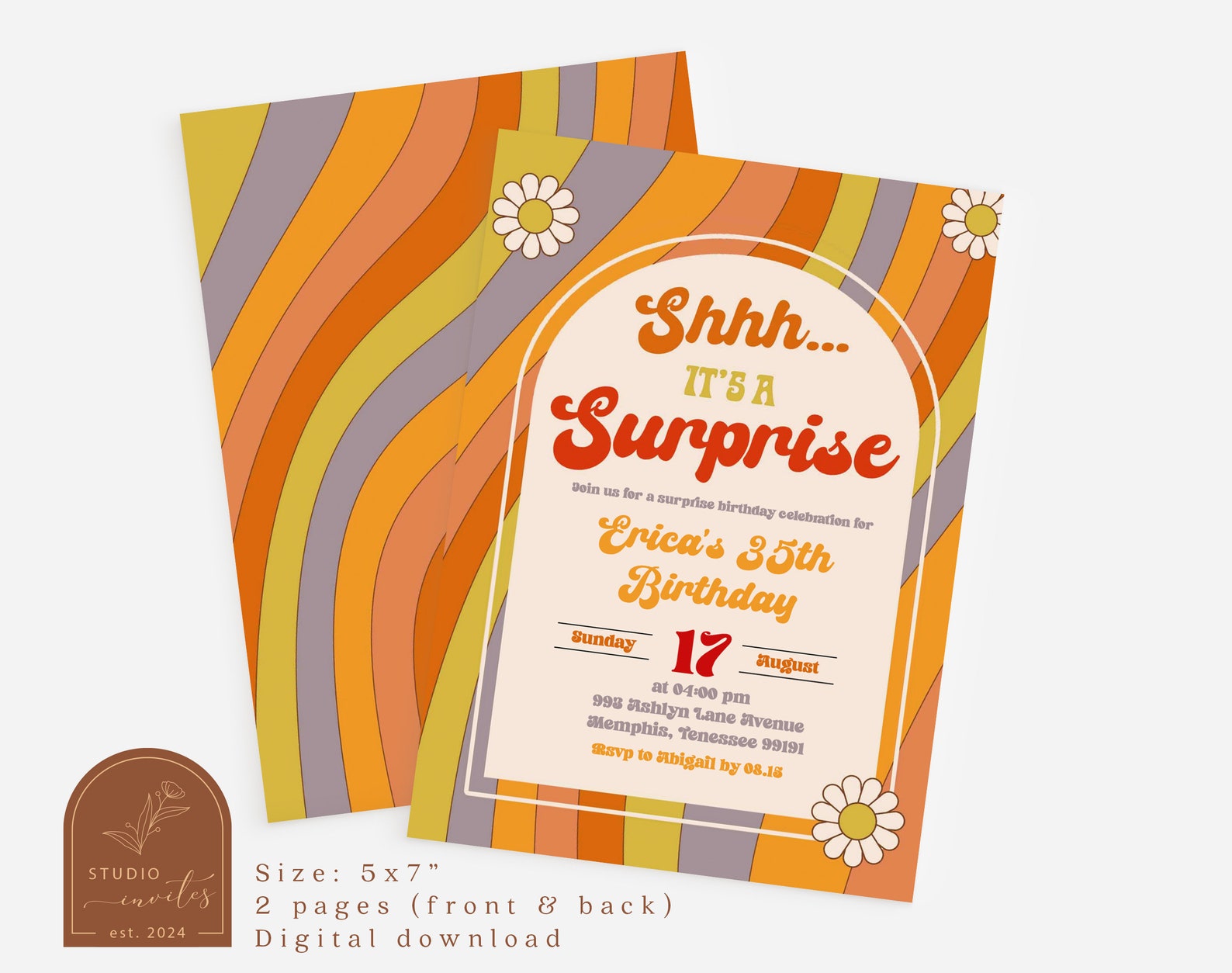 Retro Groovy Surprise Birthday Invitation, Summer Sunflower Daisy Any ...