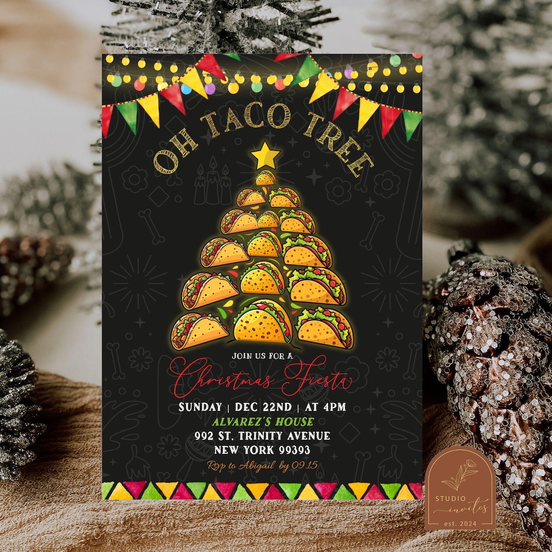 Taco Tree Christmas Fiesta Invitation, Tacos Mexican Christmas Party, Posada Navidena Spanish ...