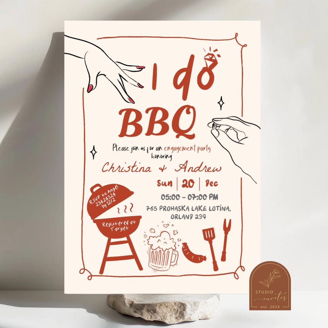 Hand Drawn Backyard I Do BBQ Engagement Invitation, BBQ and Beers Engagement Party Invite ...