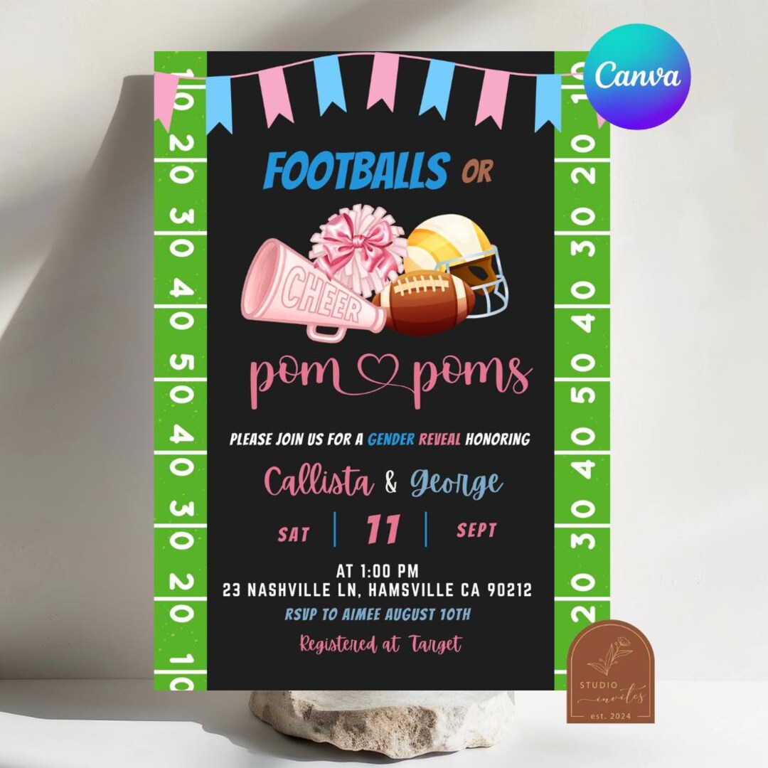Football or Pom Poms Gender Reveal Invitation, Football or Cheerleader ...