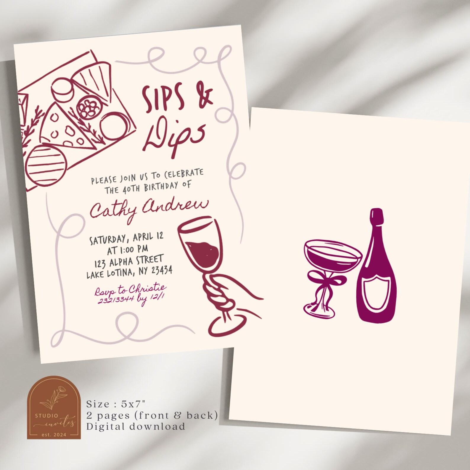 Hand Drawn Sips and Dips Birthday Party Invitation, Quirky Sips Dips ...
