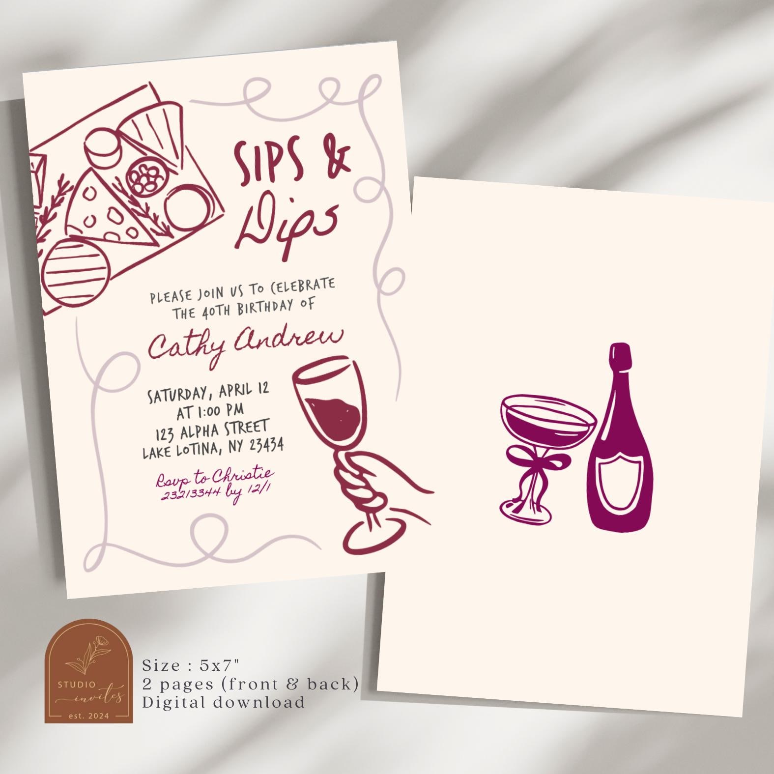 Hand Drawn Sips and Dips Birthday Party Invitation, Quirky Sips Dips Charcuterie Birthday Party ...