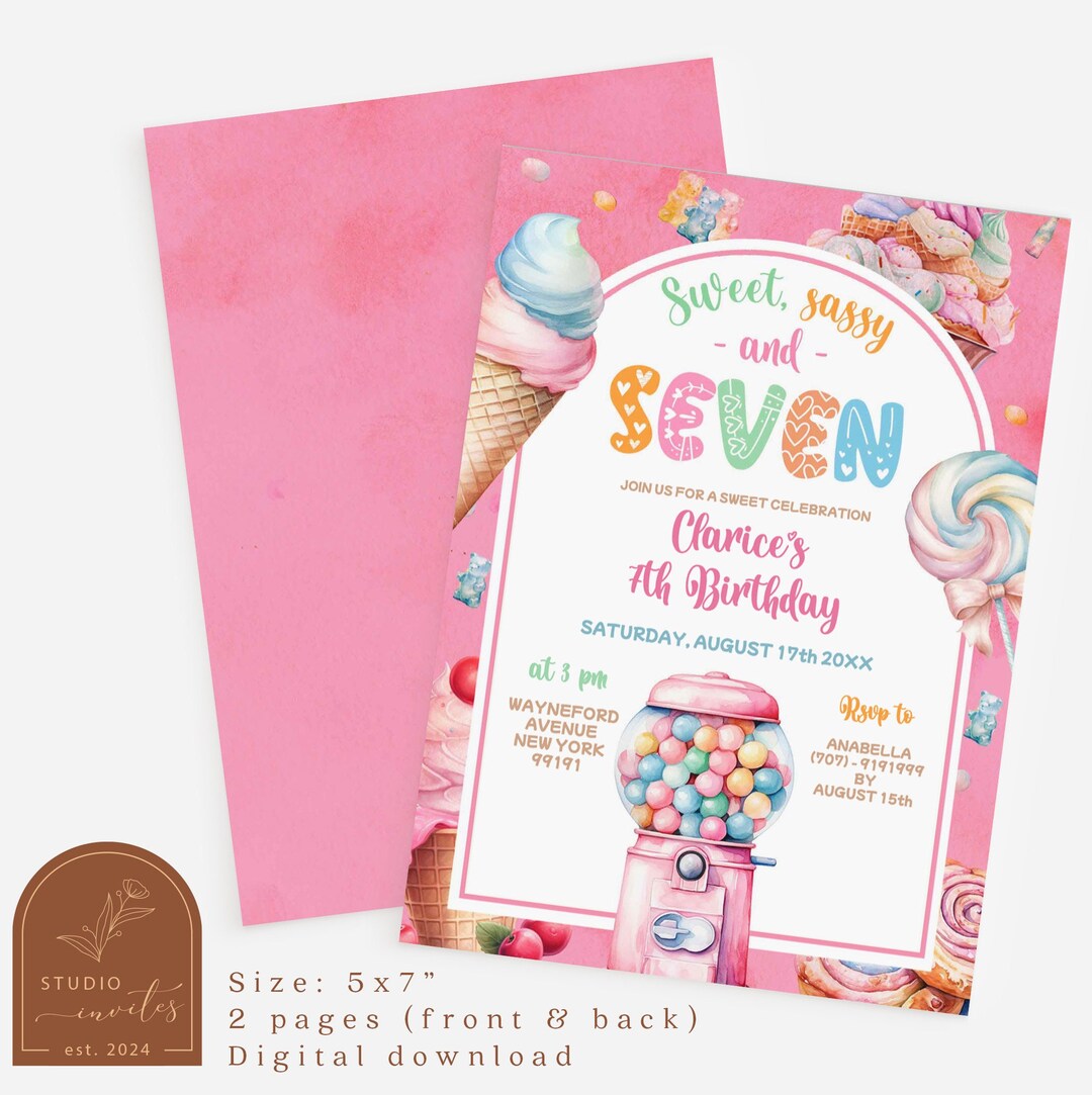 Modern Colorful Candies 7th Birthday Invitation, Sweets Sassy and Seven ...