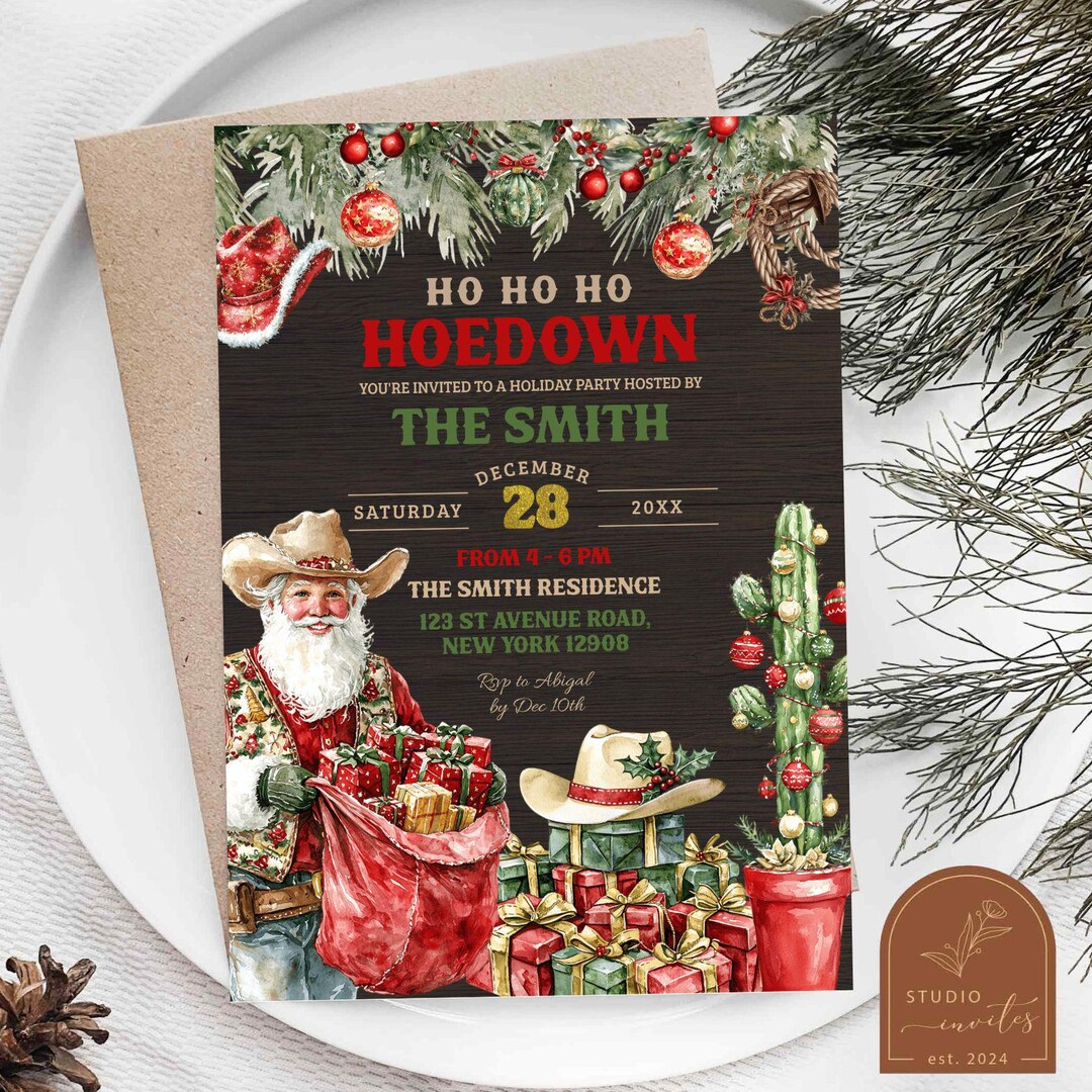 Santa Hoedown Holiday Christmas Party Invitation, Rustic Woods Western ...