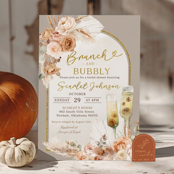 Fall Brunch Birthday Wine Invitation, Pink Arch Pumpkin Fall Brunch ...
