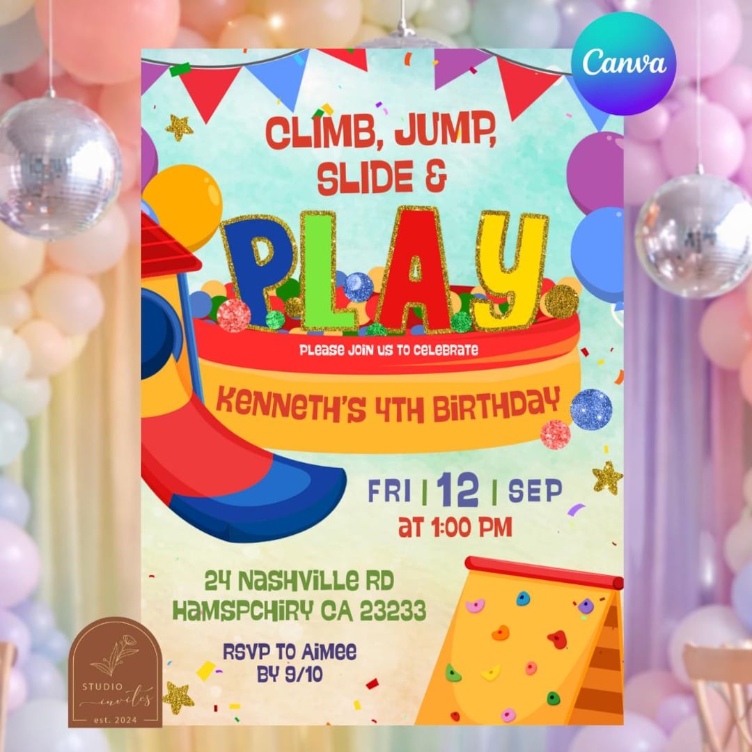 Colorful Boy Indoor Playground Birthday Invitation, Climb Jump Slide ...