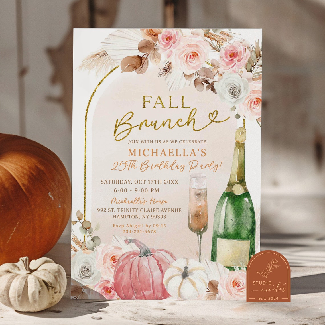 Fall Brunch Birthday Wine Invitation, Pink Arch Pumpkin Fall Brunch ...