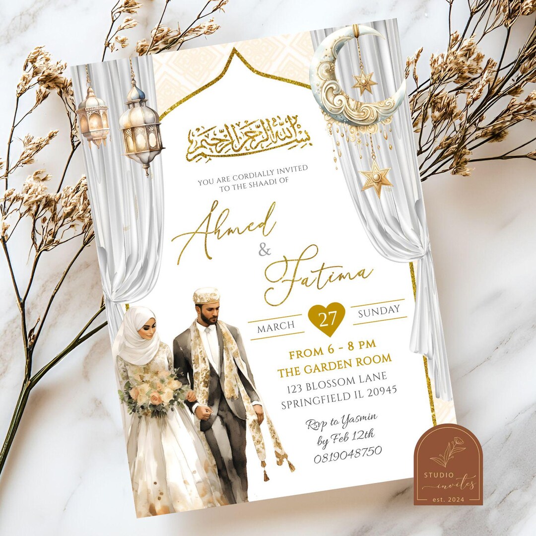 Gold Muslim Baraat Wedding Invitation, Pakistan Nikkah Wedding Invite ...