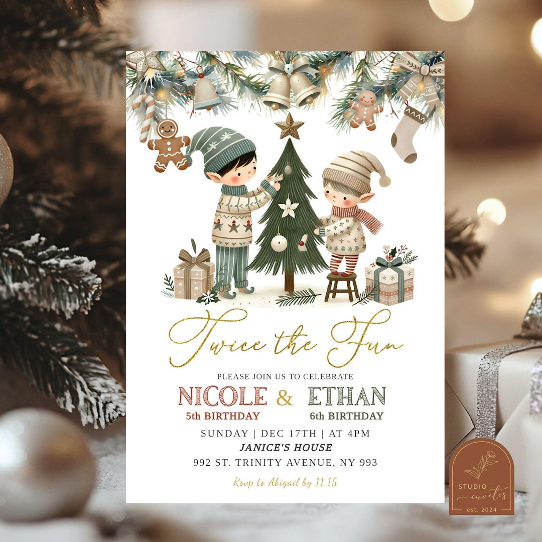 Little Elf Joint Birthday Party Invitation, Twice the Fun Elves ...