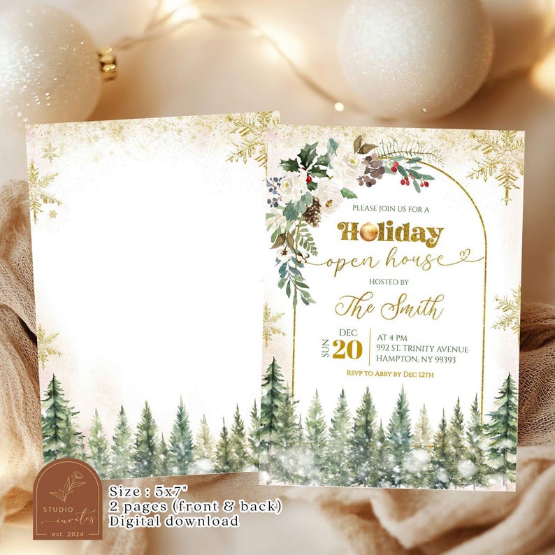 Winter Holiday Open House Christmas Party Invitation, Woodland Forest ...