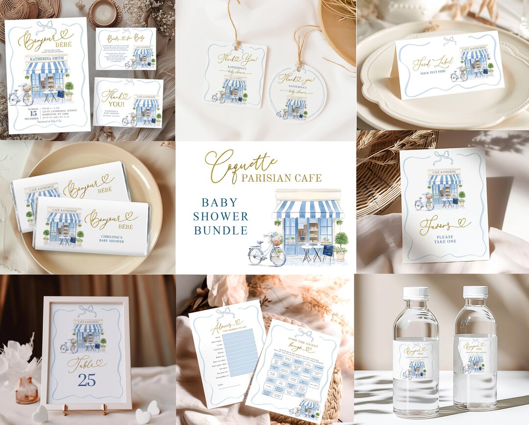 Coquette Parisian Cafe French Blue Baby Shower Complete Bundle, Dusty ...