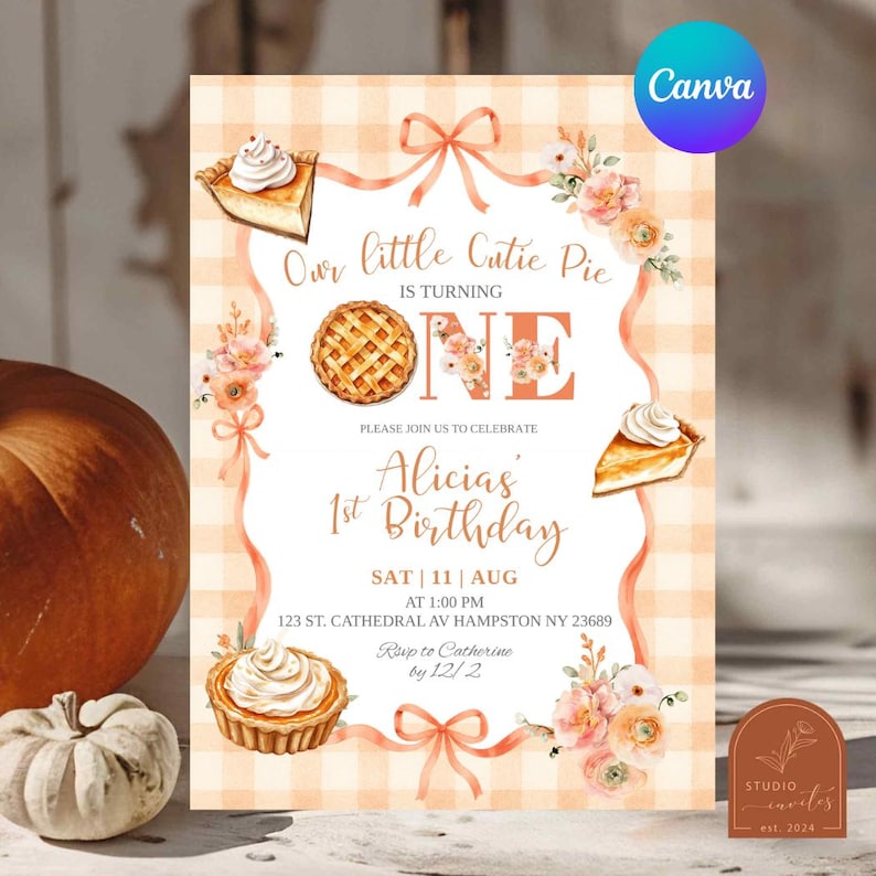 Coquette Cottage Little Cutie Pie Birthday Invitation, Orange Plaid ...