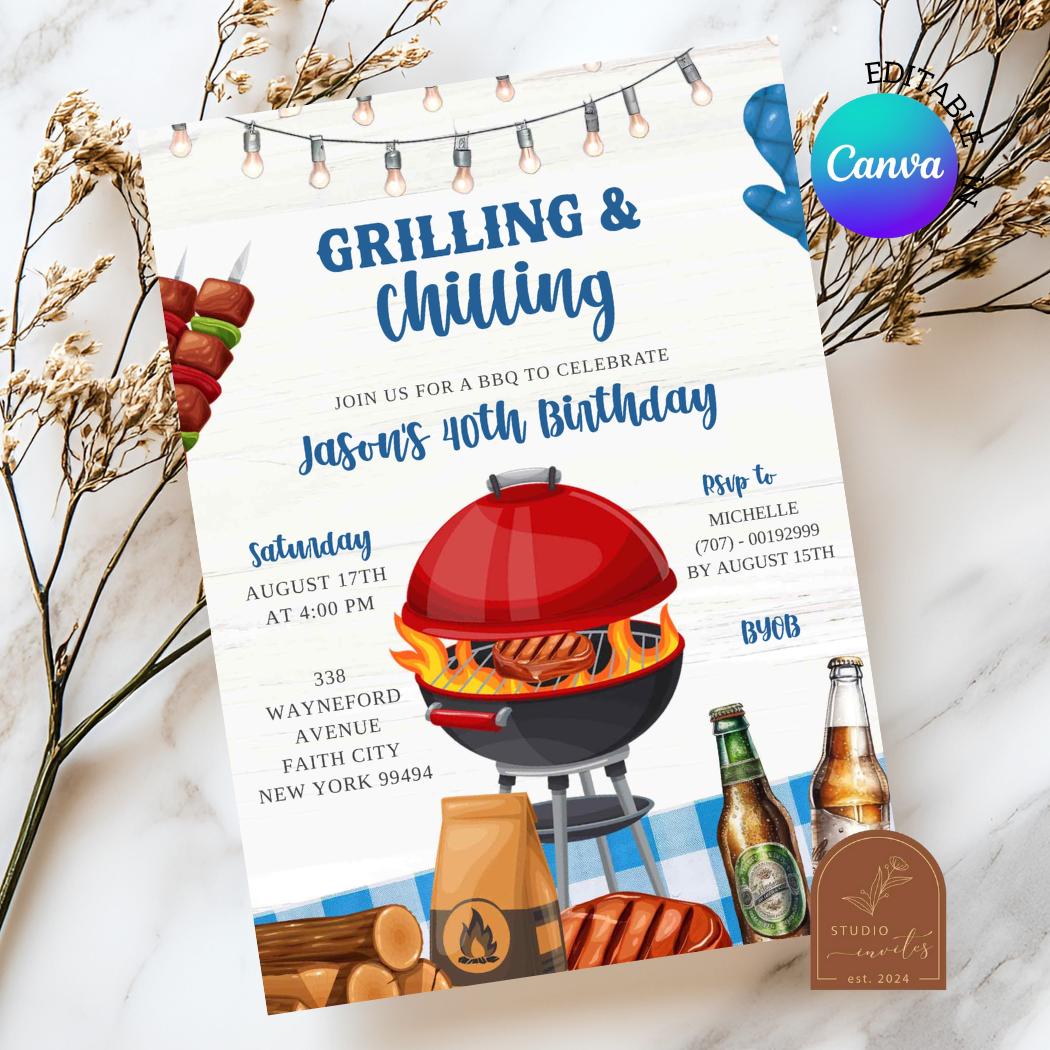 Blue Gingham Barbecue Adult Birthday Invitation, Grilling and Chilling ...