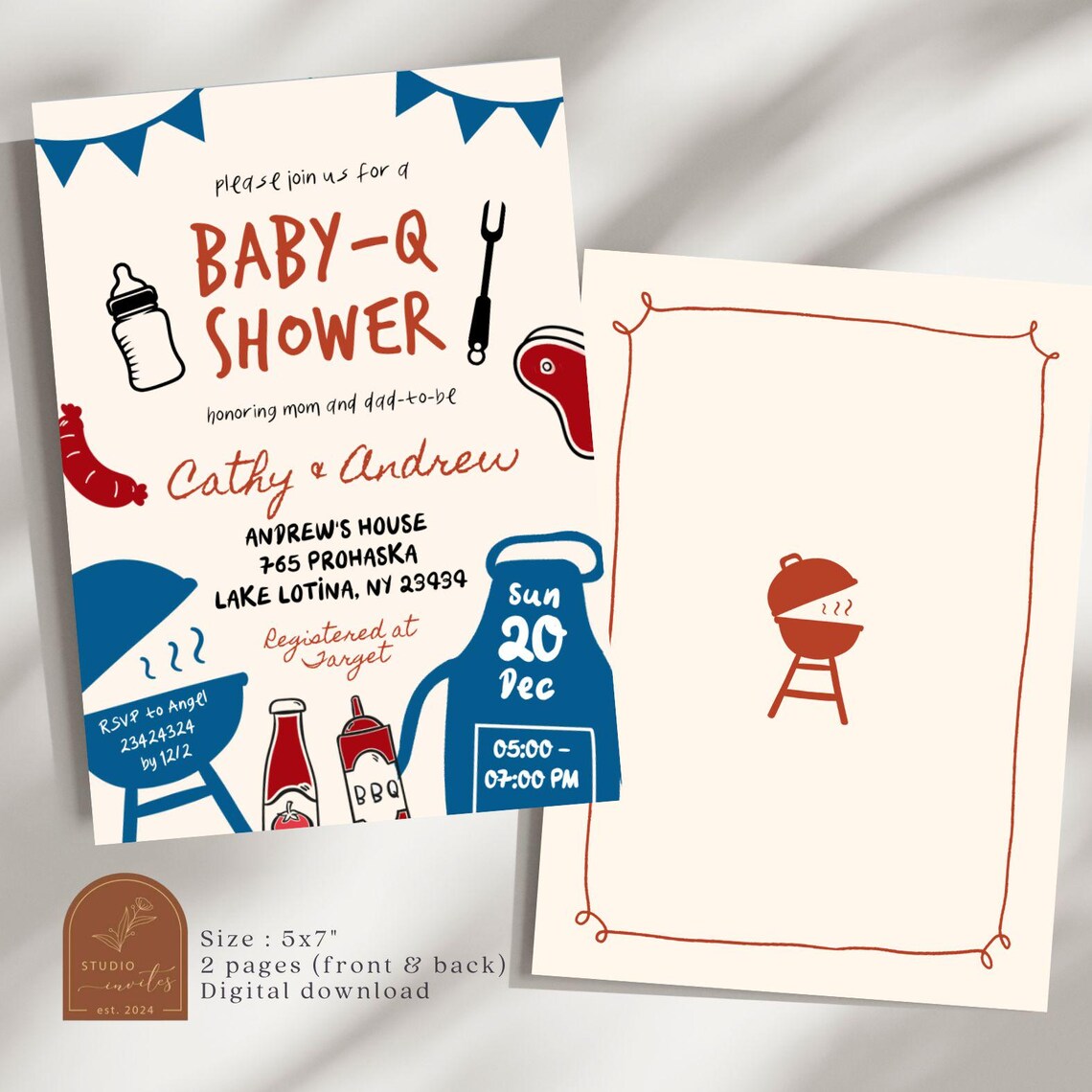 Hand Drawn Minimalist Babyq Blue Baby Shower Invitation, Summer Outdoor ...