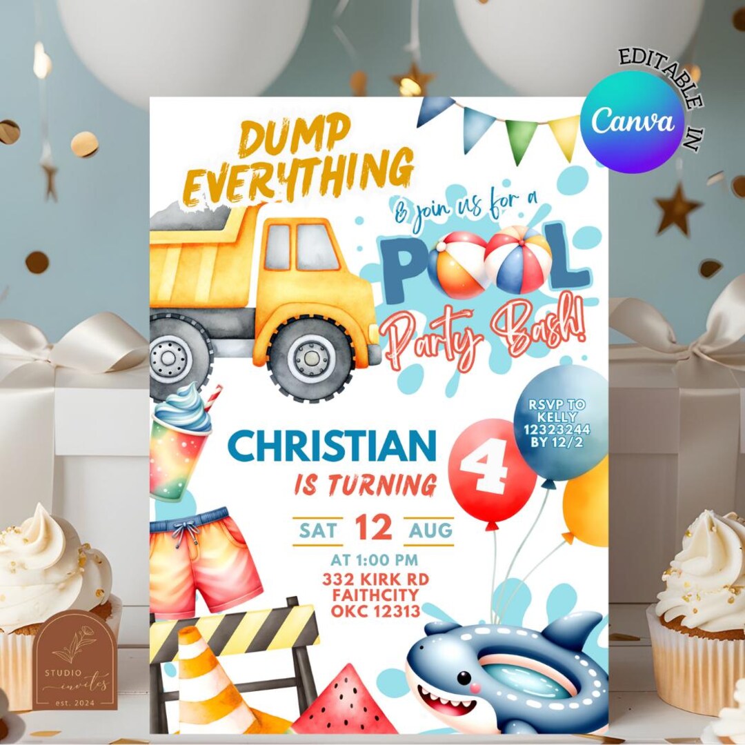 Construction Dump Truck Pool Party Invitation, Dump Everyting Pool Bash ...