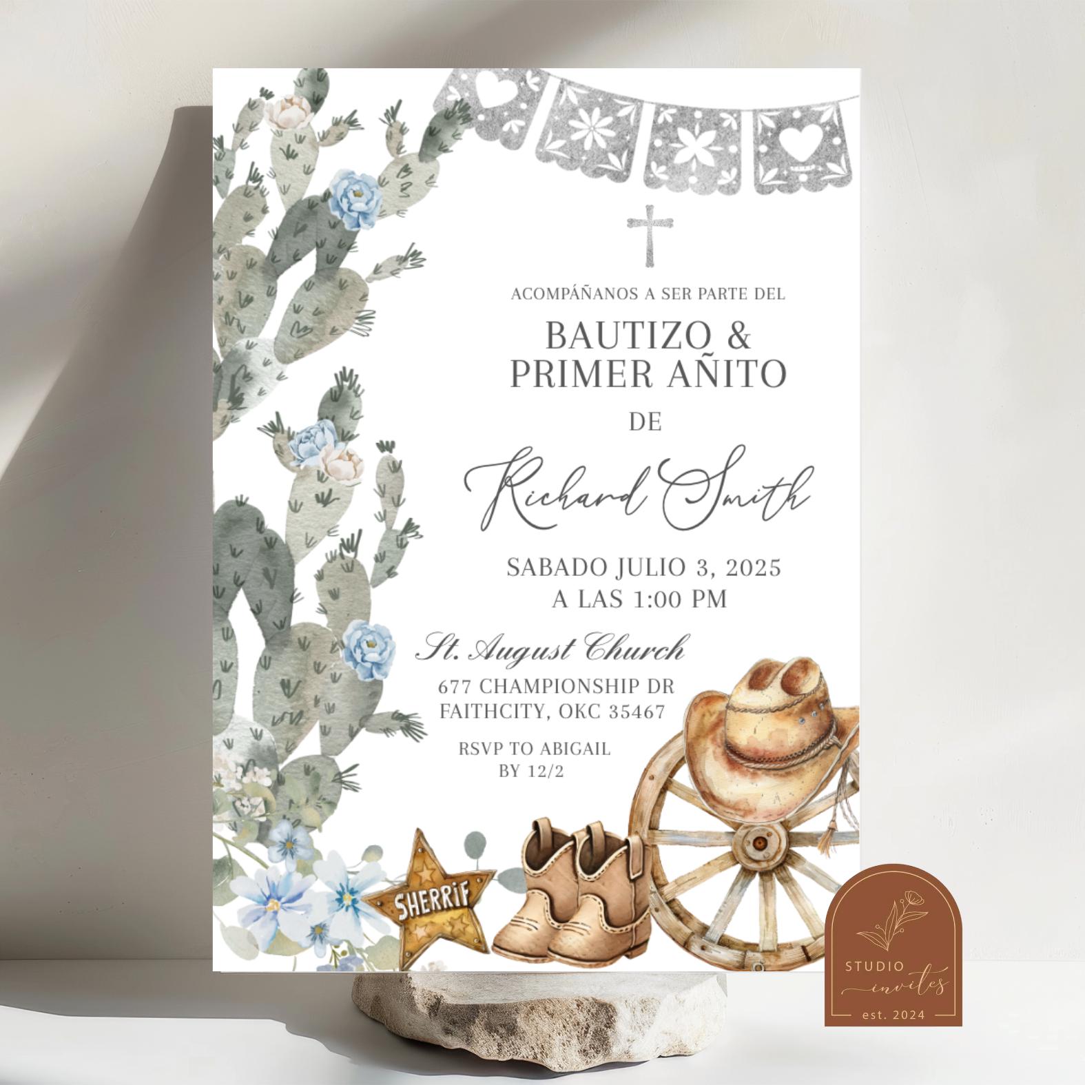 Dusty Blue Cowboy Spanish Baptism Invitation, Cowboy Invitaciones De ...