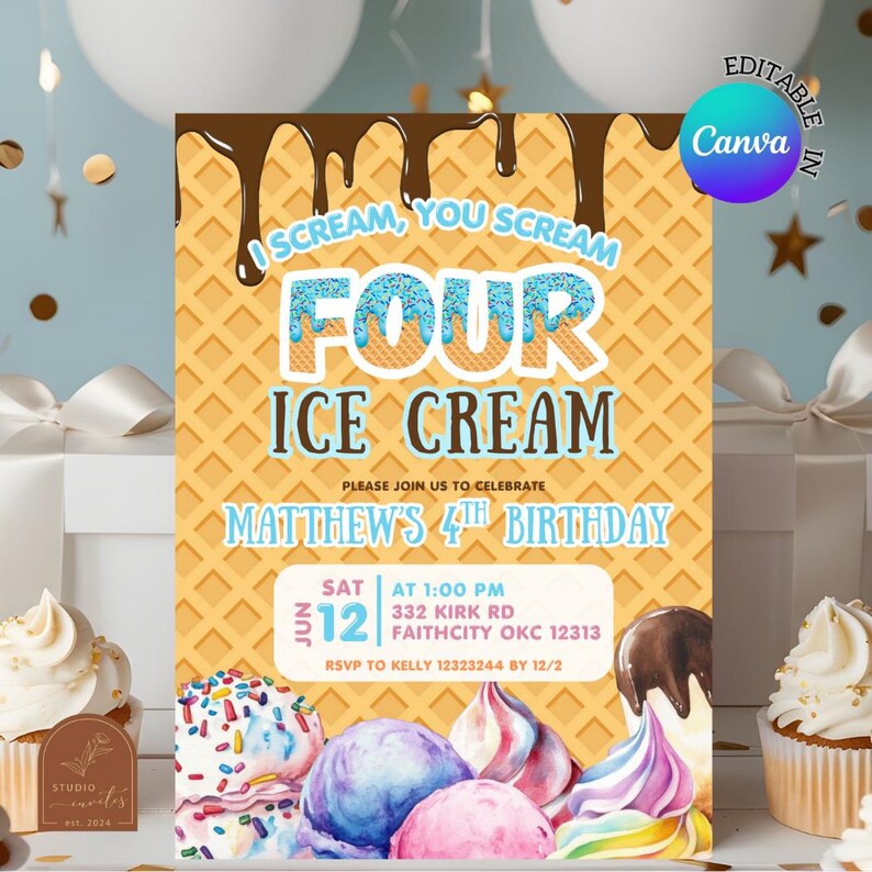 Boy Chocolate Drip Waffle Birthday Party Invitation, Scream Four Ice ...