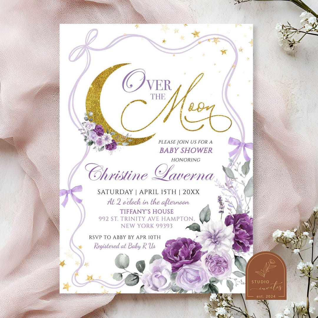 Over the Moon Purple Baby Shower Invitation, Floral Lilac Coquette Girl Baby Shower Invite, Moon ...