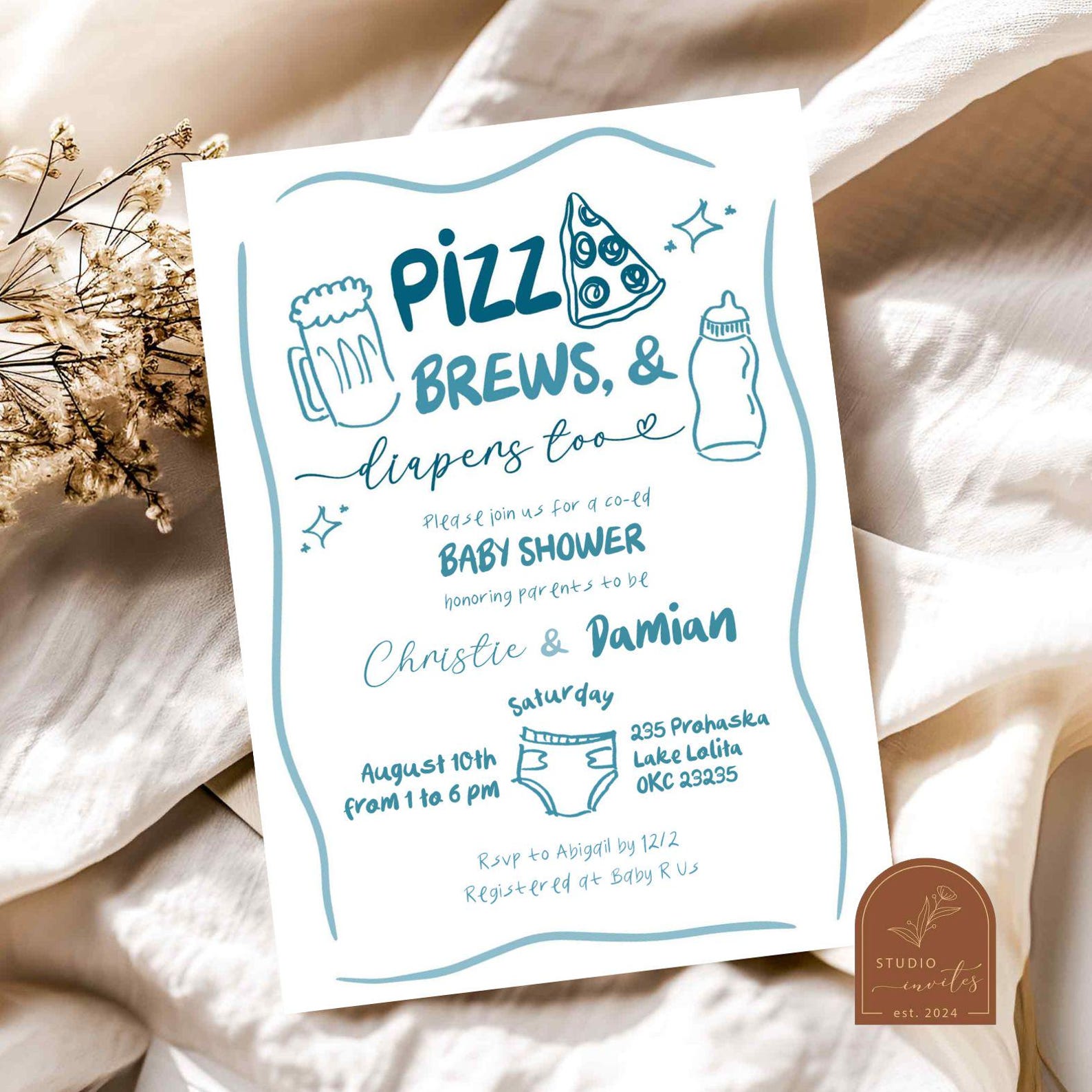 Pizza Brews and Diapers Too Co-ed Baby Shower Invitation, Blue Hand ...