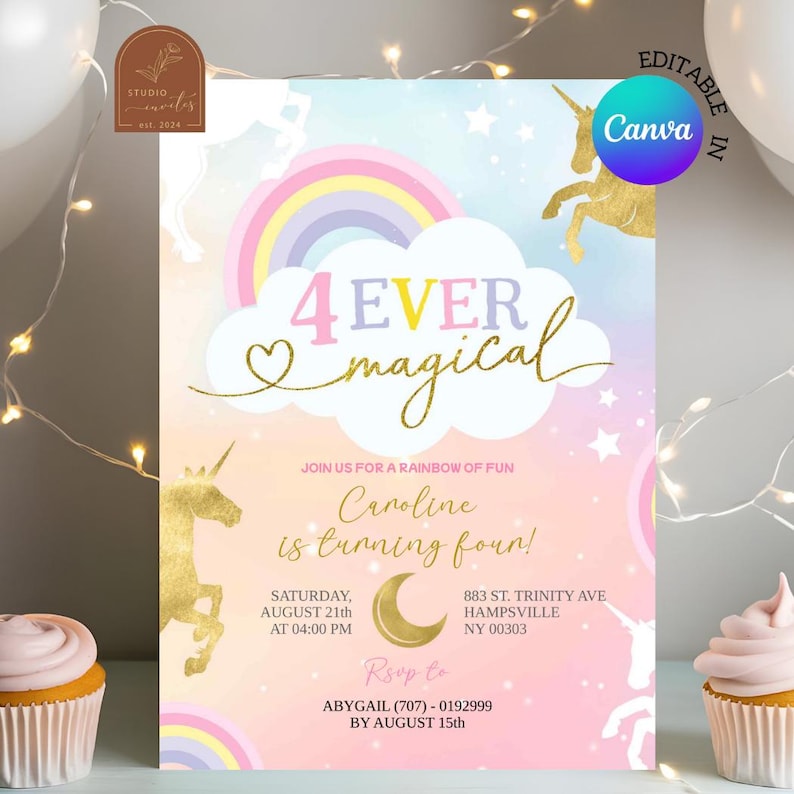 Modern Magical Unicorn 4th Birthday Invitation, Pastel Colorful 4 Ever ...