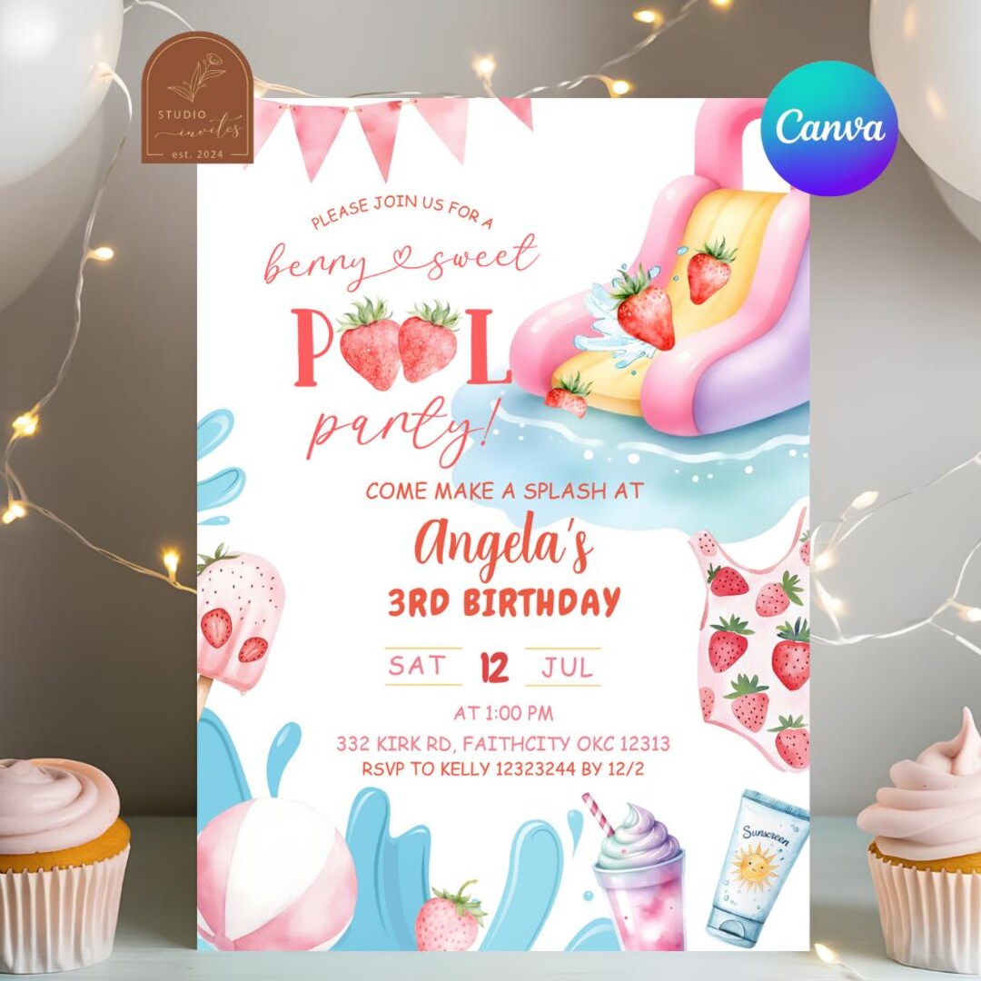 Strawberry Pool Party Birthday Invitation, Berry Sweet Pool Party ...