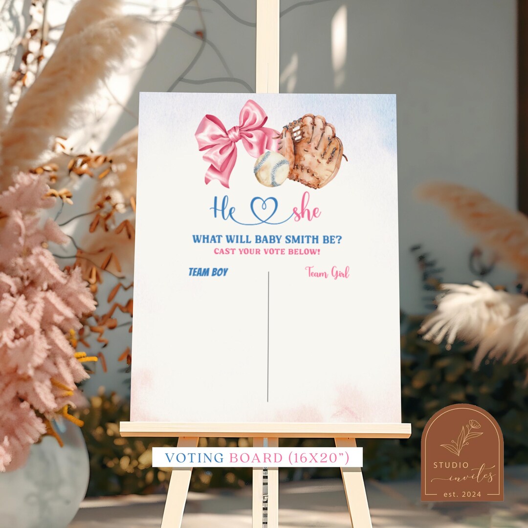 Pink Bow or Baseball Voting Board Gender Reveal, Pink Blue Ball Gender ...