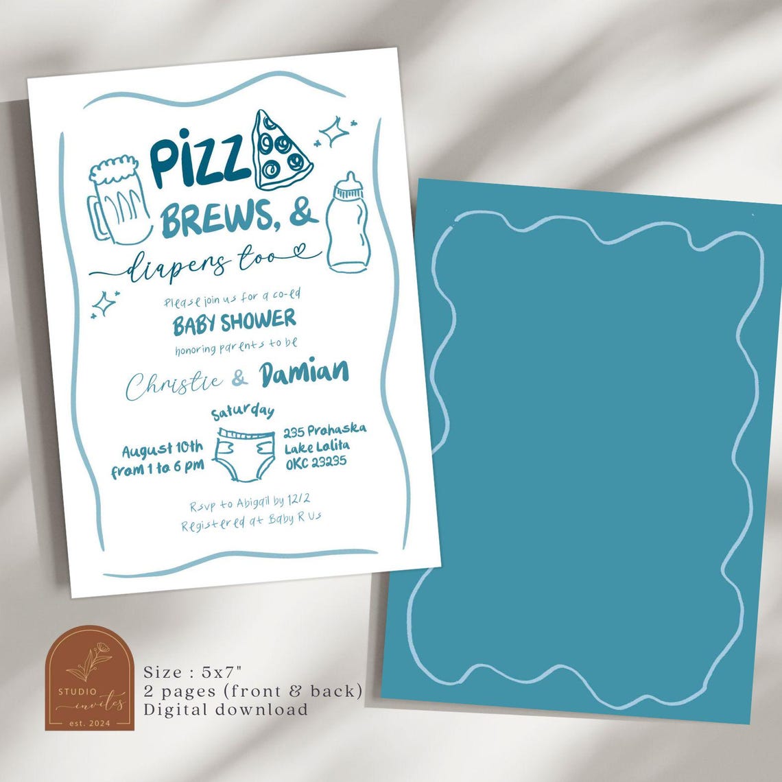 Pizza Brews and Diapers Too Co-ed Baby Shower Invitation, Blue Hand ...