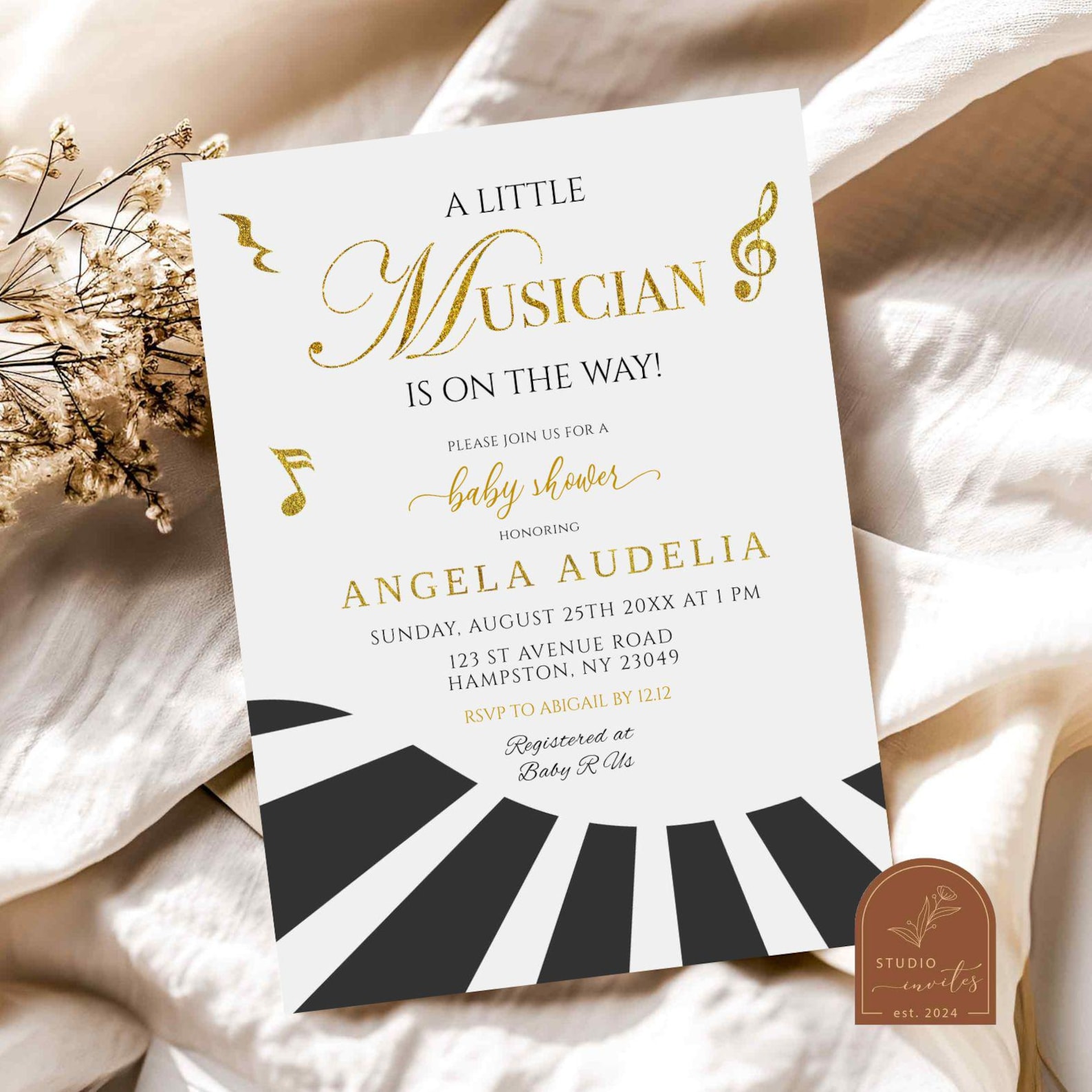 Gold Little Musician Baby Shower Invitation, Summer Piano Recital Baby ...