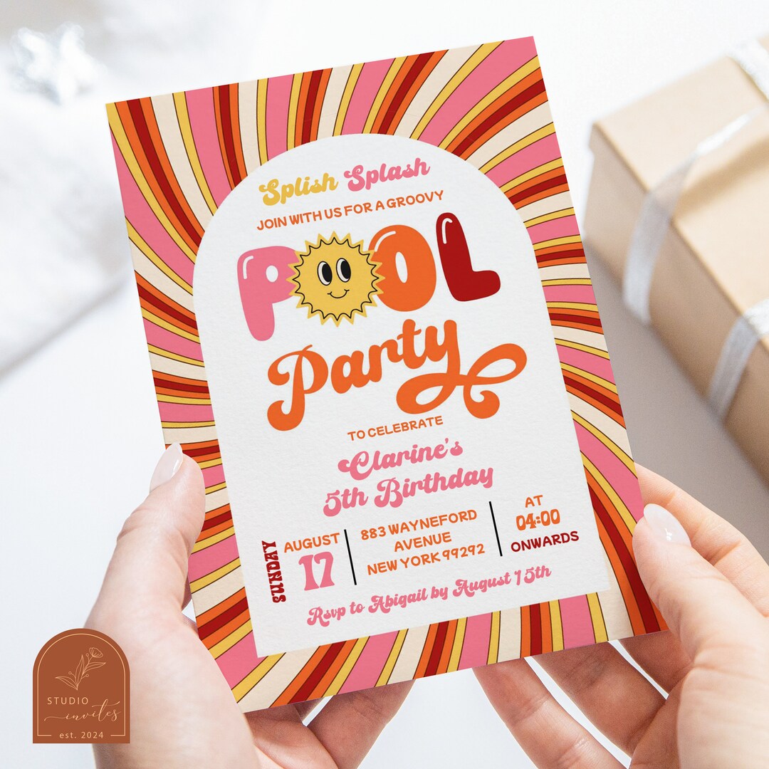 Summer Retro Groovy Pool Party Invitation, Splish Splash Colorful Kid's ...