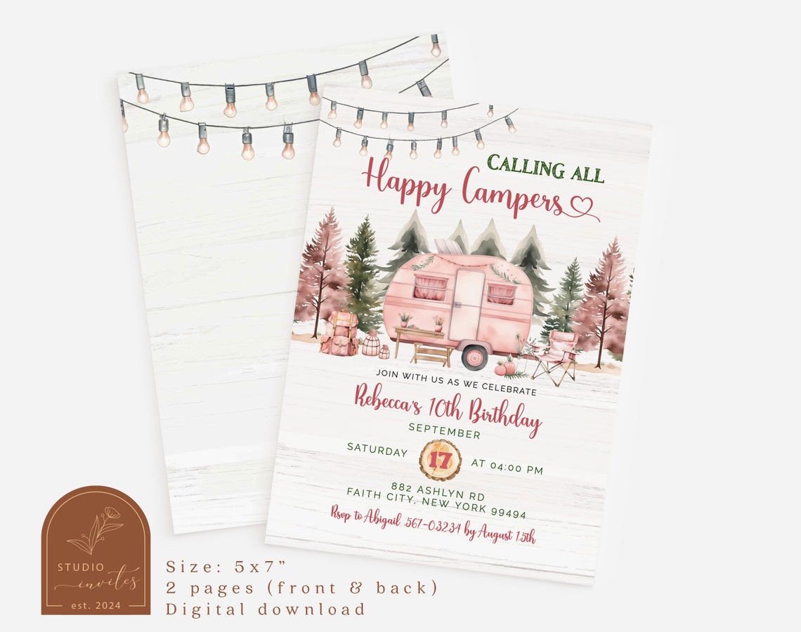 Editable Pink Camping Birthday Invitation, Girl's Sleepover Camp ...