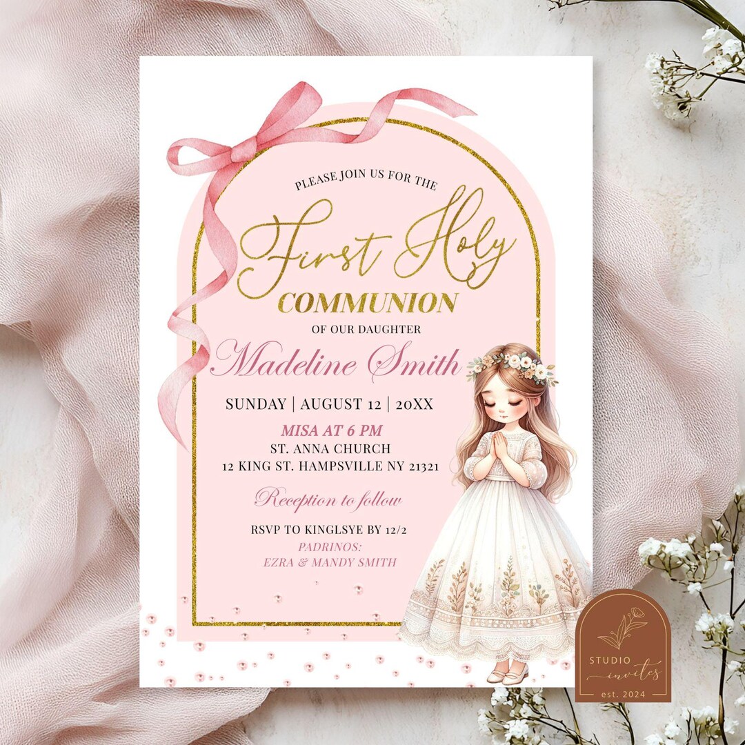 Pink Bow First Holy Communion Invitation, Pearl Holy Communion ...