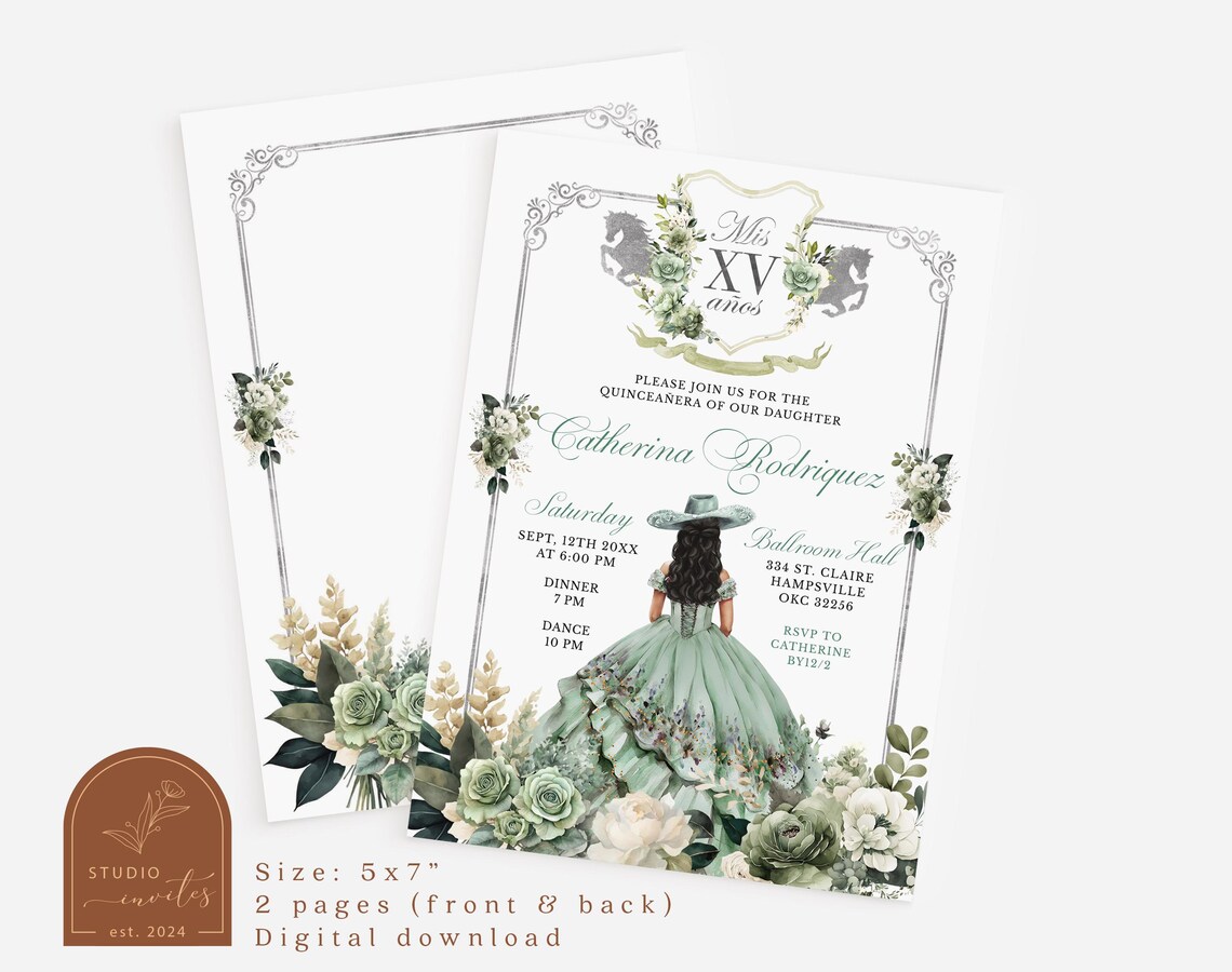 Sage Green Western Charra Quinceañera Invitation, Charro Boots Silver ...