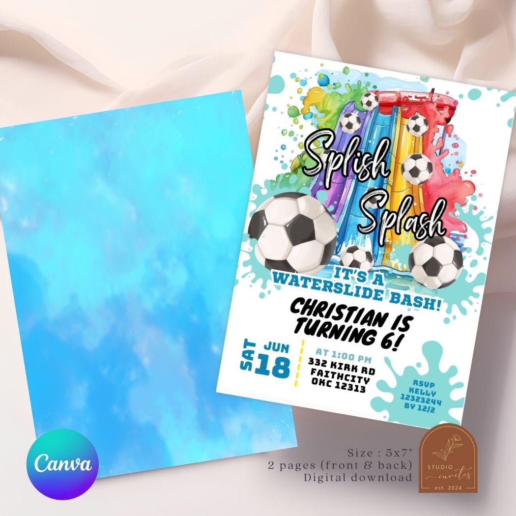 Soccer Ball Waterslide Pool Party Birthday Invitation, Summer Splish ...