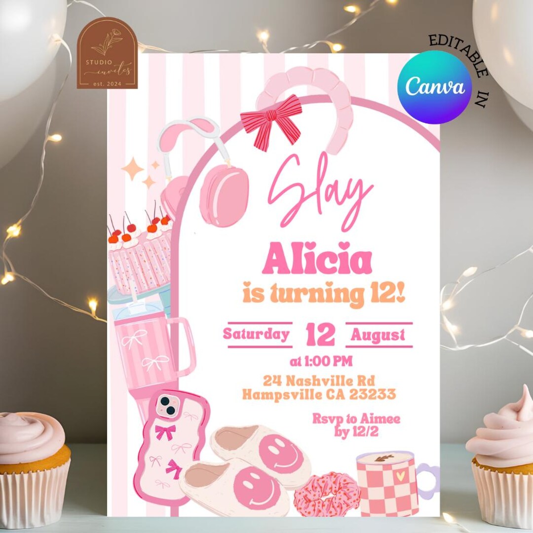 Girl Slay Stripes Aesthetic Tween Birthday Party Invitation, Blush Pink ...