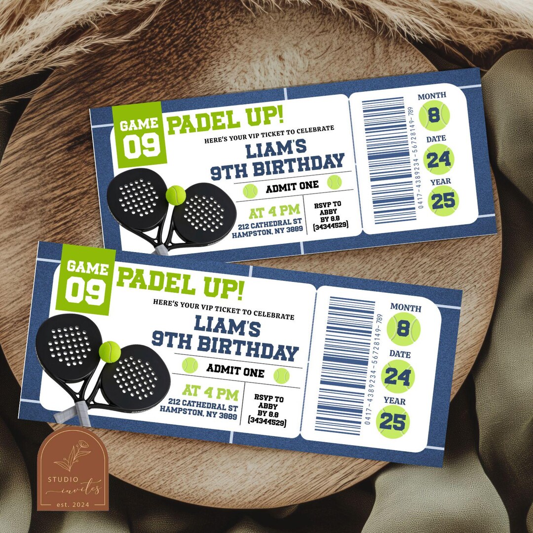 Blue Padel up Birthday Ticket Invitation, Pickleball Boy Birthday Party ...